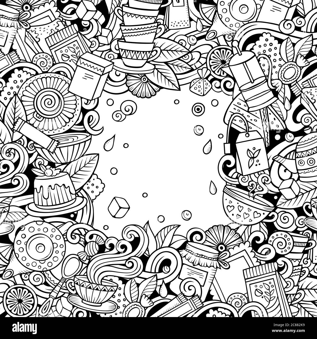 Cartoon vector doodles Tea time frame. detailed, with lots of objects ...