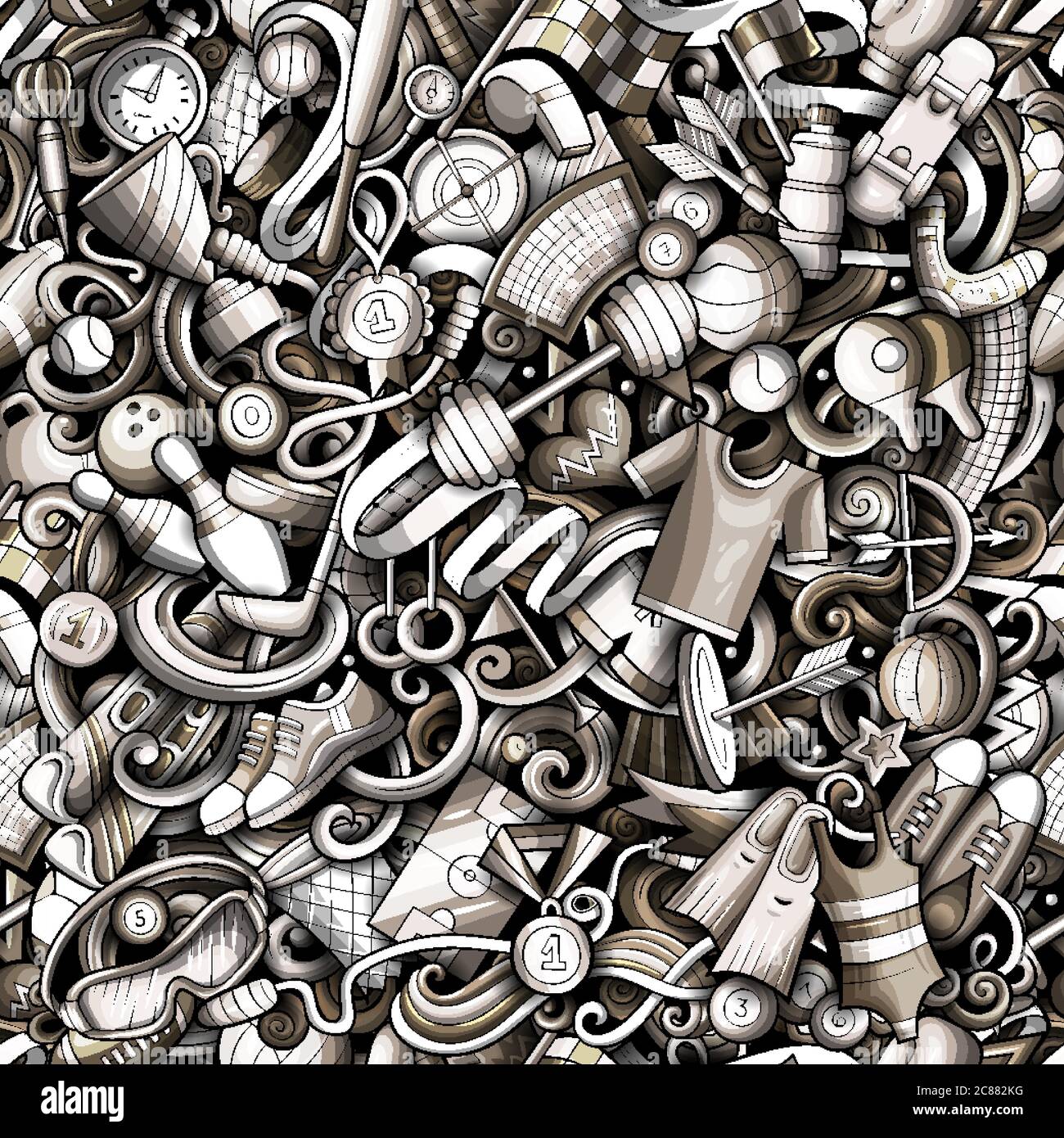 Sports hand drawn doodles seamless pattern. Monochrome vector ...