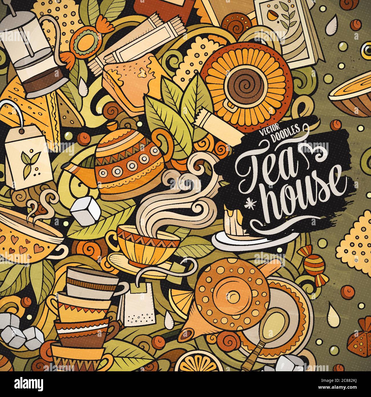 Cartoon vector doodles Tea time frame. Colorful, with lots of objects ...