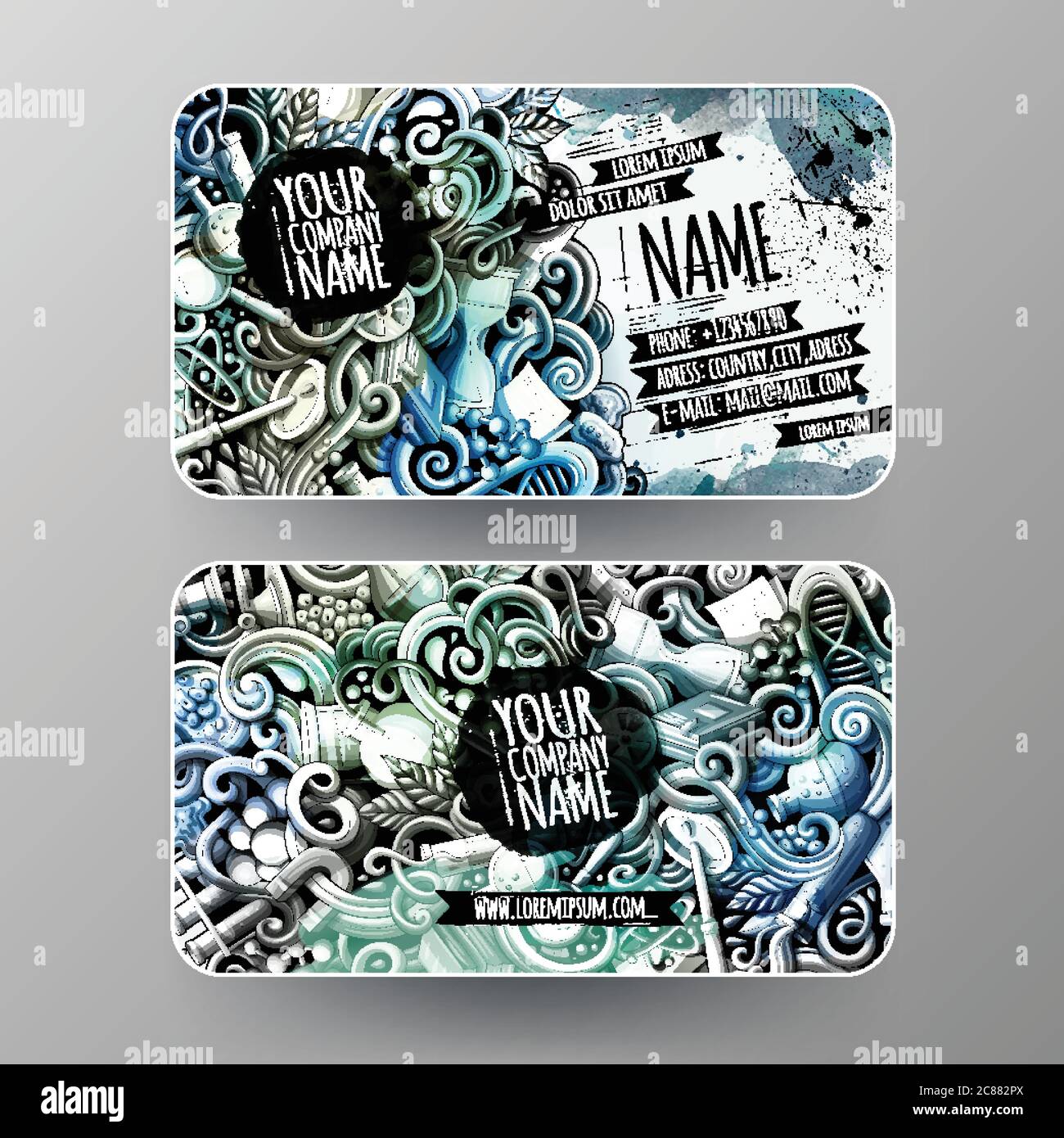 Cartoon graphics watercolor vector hand drawn doodles Science id cards ...