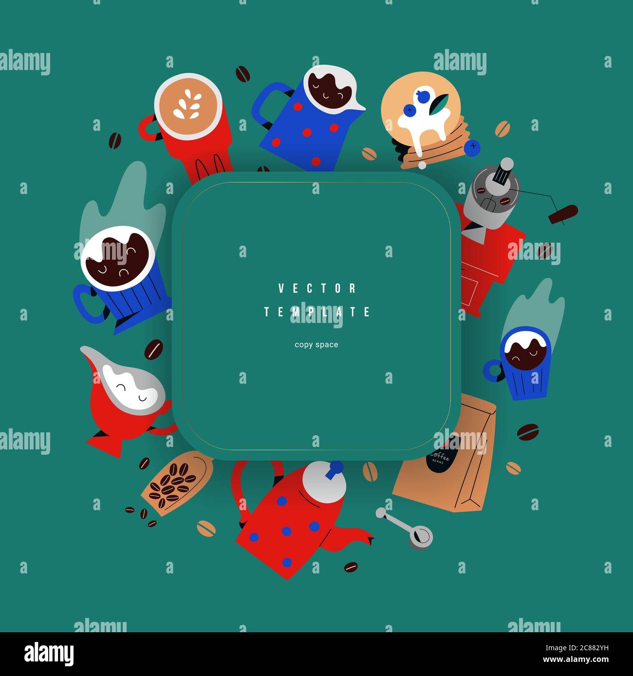 Modern coffee frame template with illustrations of coffee shop tools ...