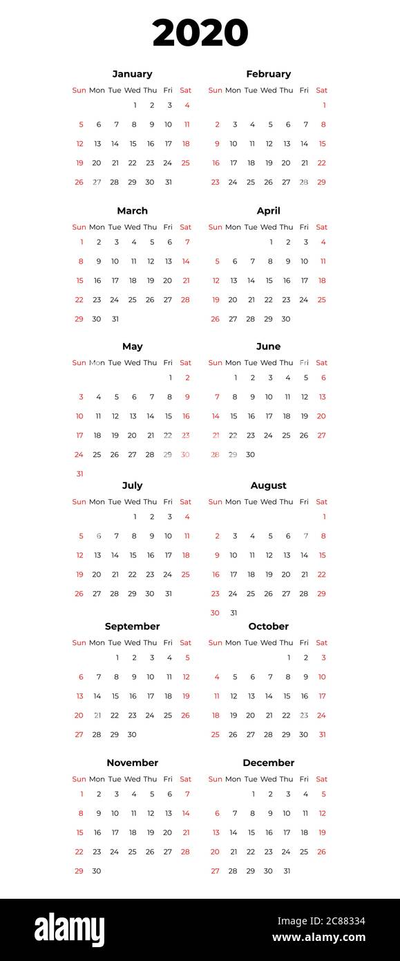 2020 calendar vector template. Abstract empty isolated set 2020 ...