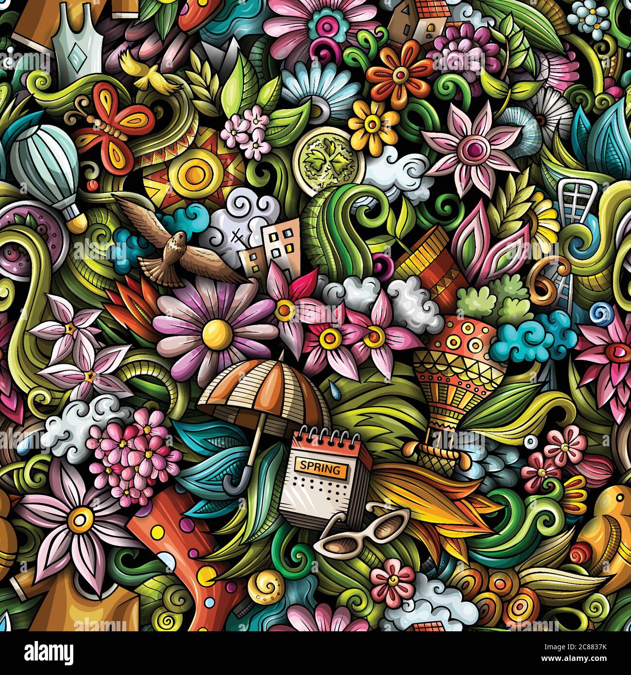 Cartoon cute doodles hand drawn Spring seamless pattern Stock Vector ...