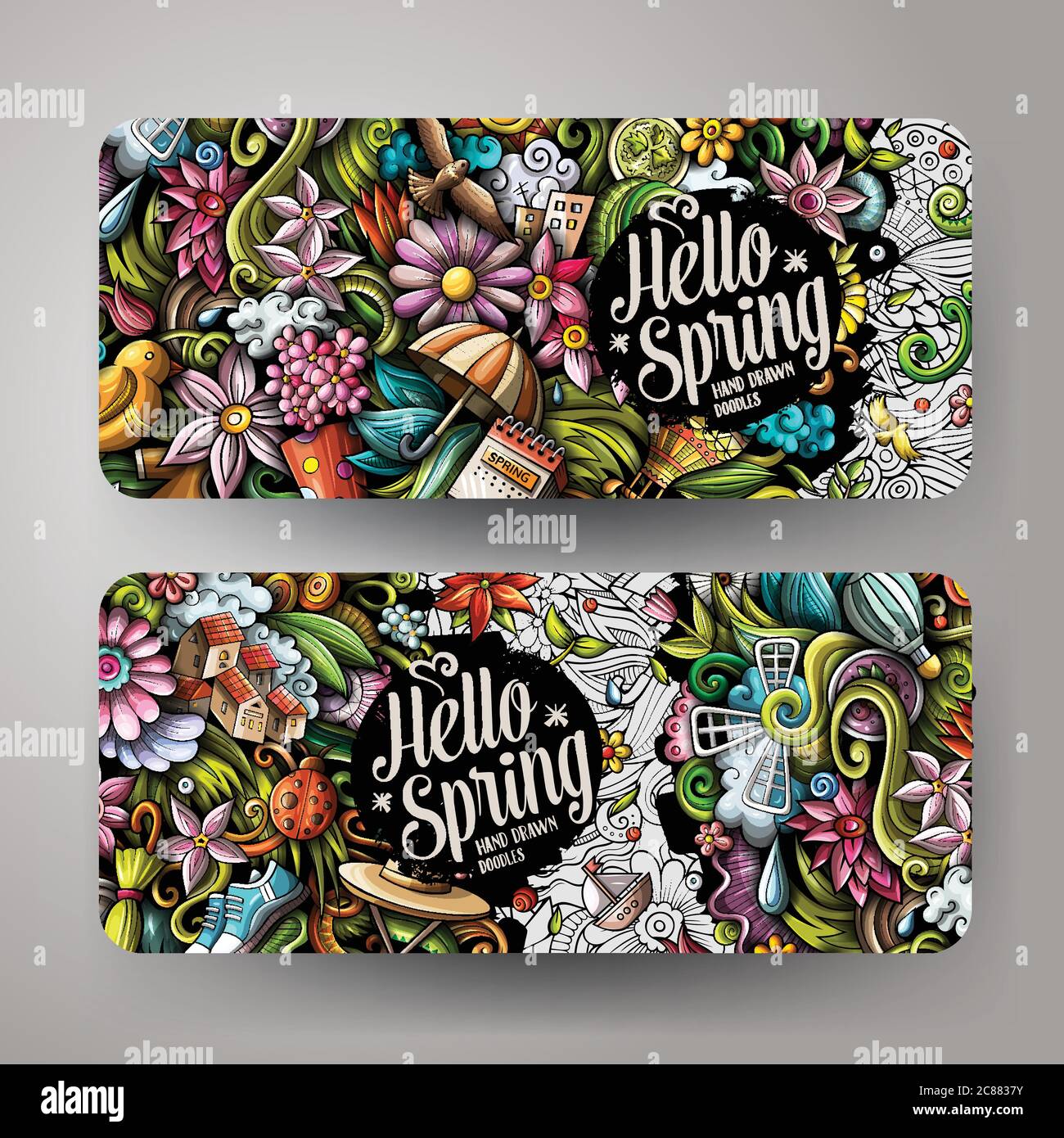 Cartoon cute colorful vector hand drawn doodles Spring season banners ...