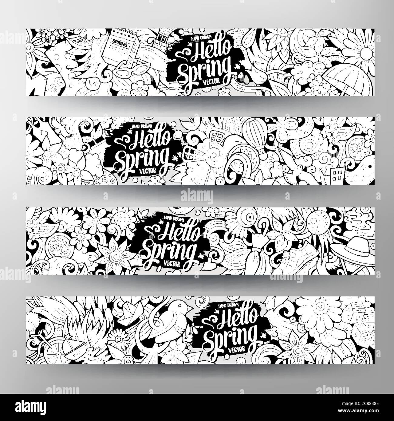 Cartoon cute colorful vector hand drawn doodles Spring season banners ...