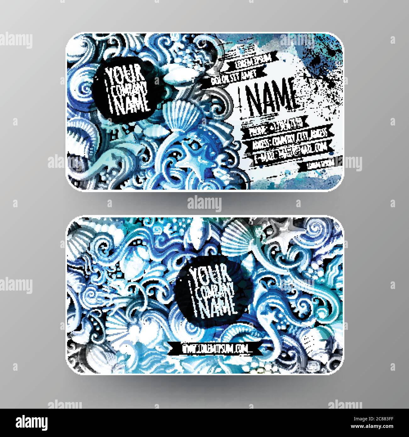 Cartoon graphics watercolor vector hand drawn doodles Sea life id cards ...