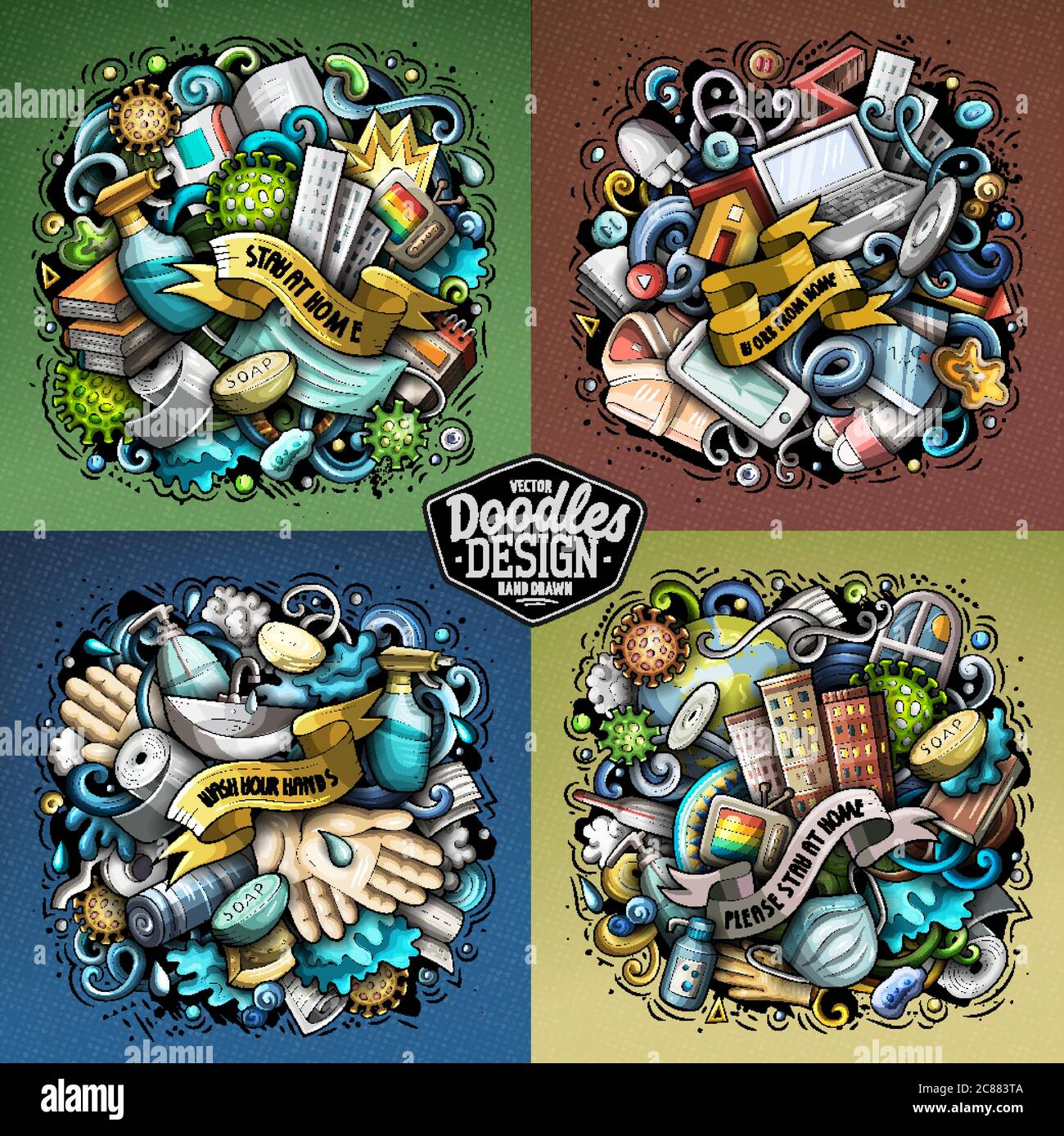 Epidemic cartoon vector doodle illustration. 4 composition set Stock ...