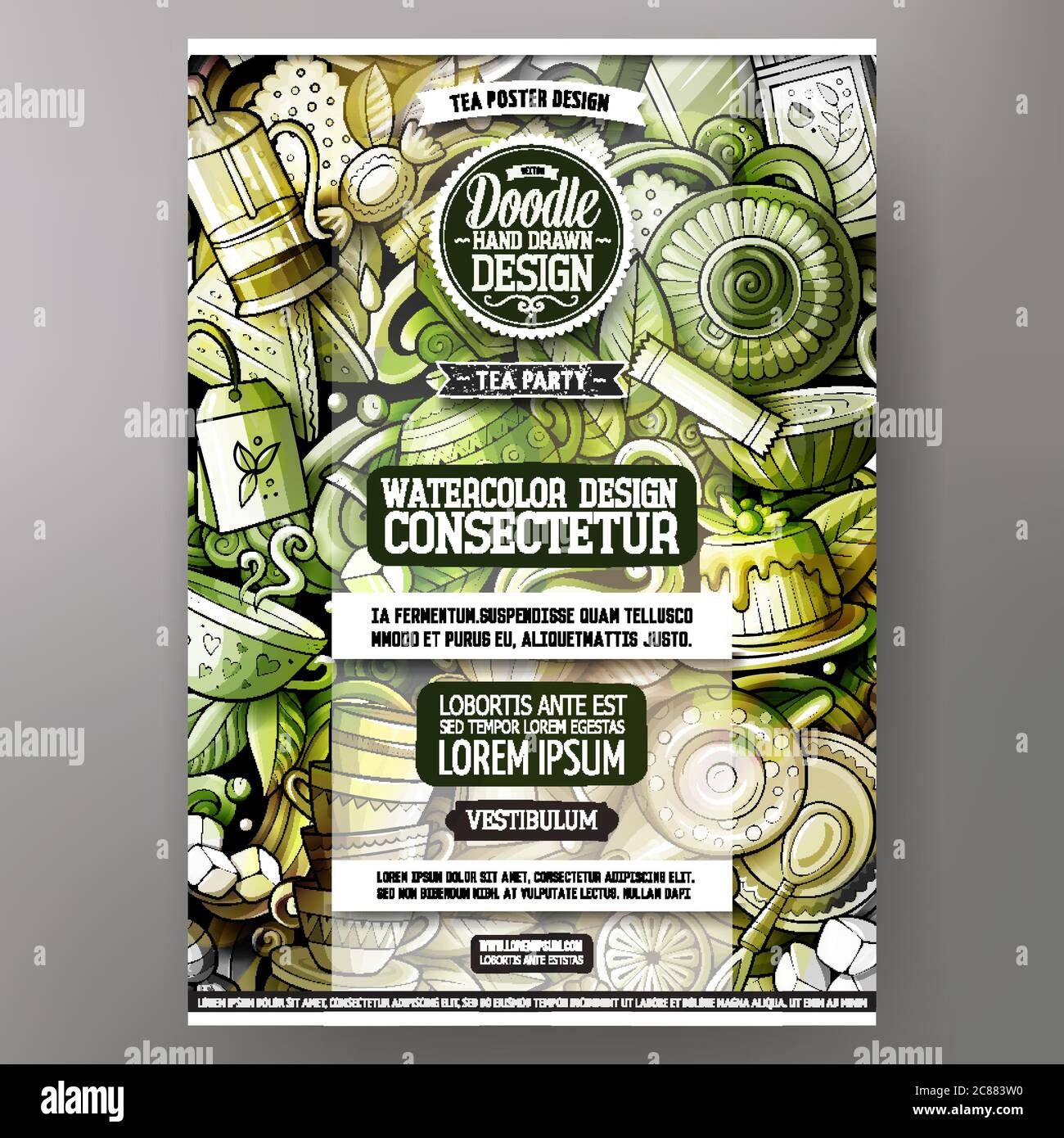 Cartoon watercolor hand drawn doodles Tea time poster Stock Vector ...