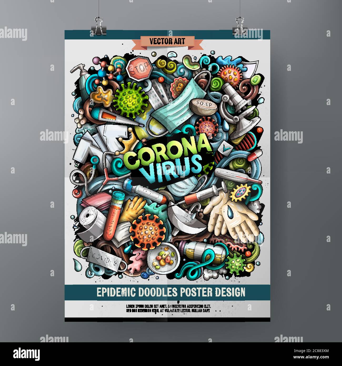 Cartoon colorful hand drawn doodles Coronavirus poster Stock Vector ...