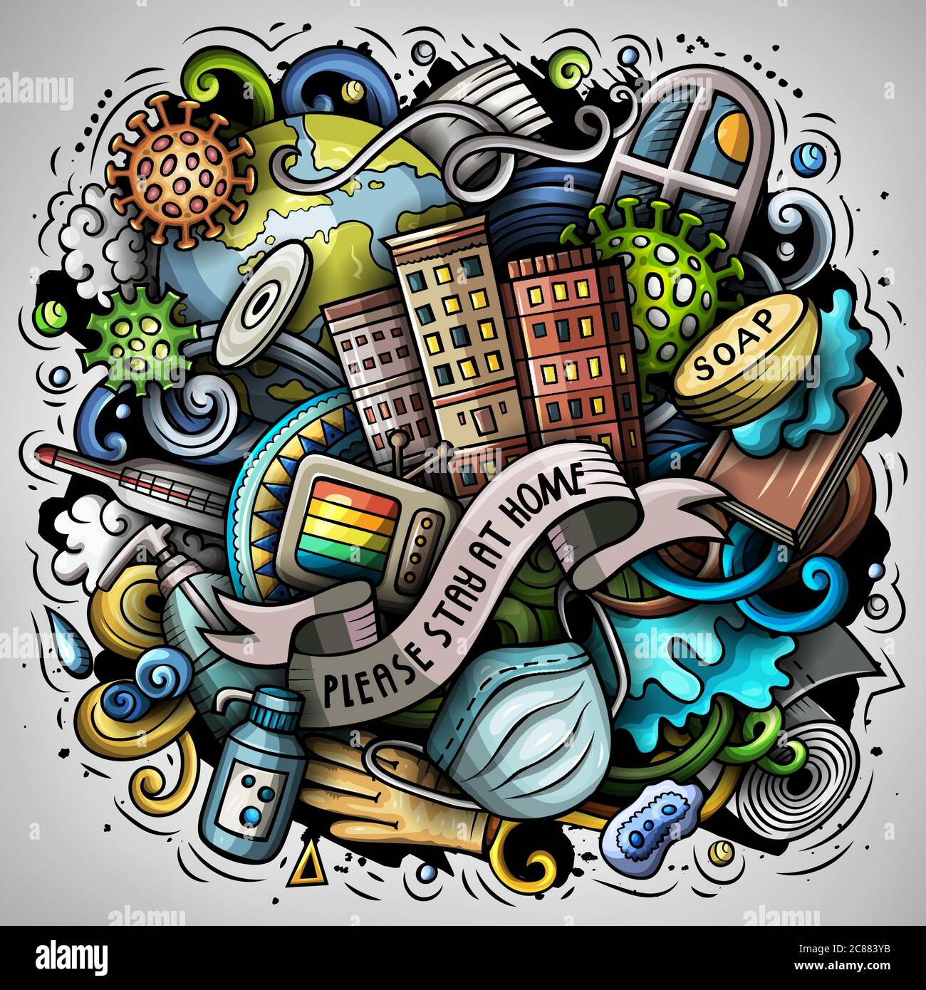 Cartoon vector doodles Please, Stay at Home illustration Stock Vector ...
