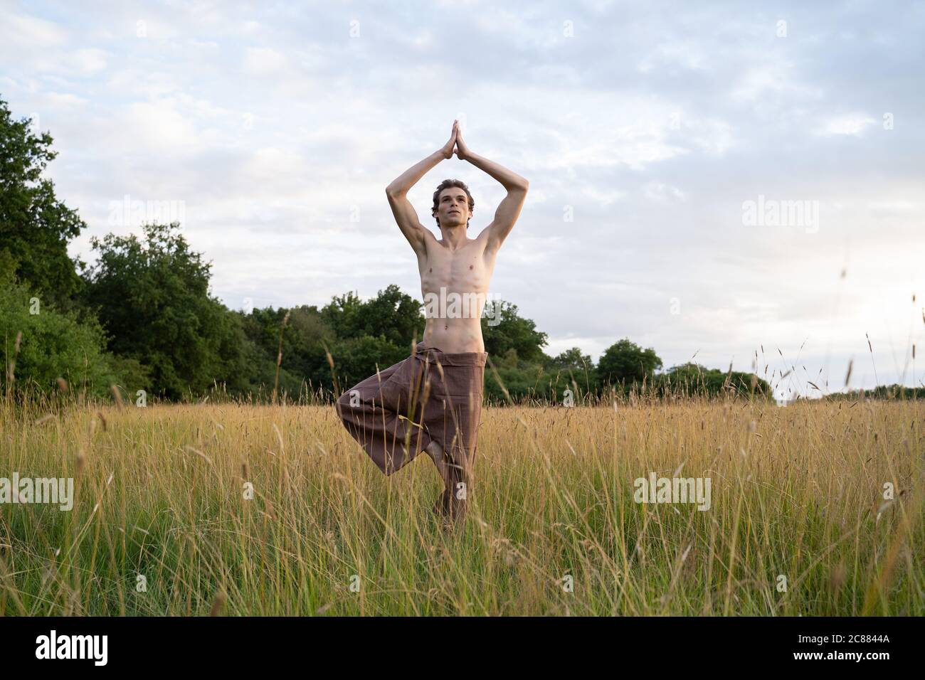Low angle view of shirtless man practicing tree pose while standing on ...