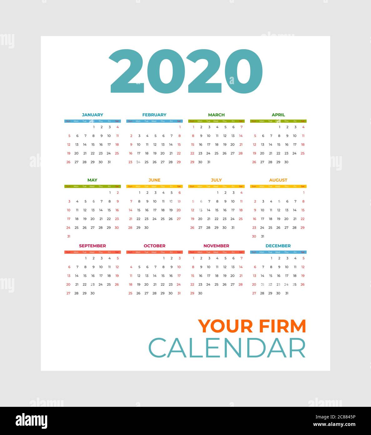 2020 rainbow pocket calendar vector template. Abstract empty isolated ...