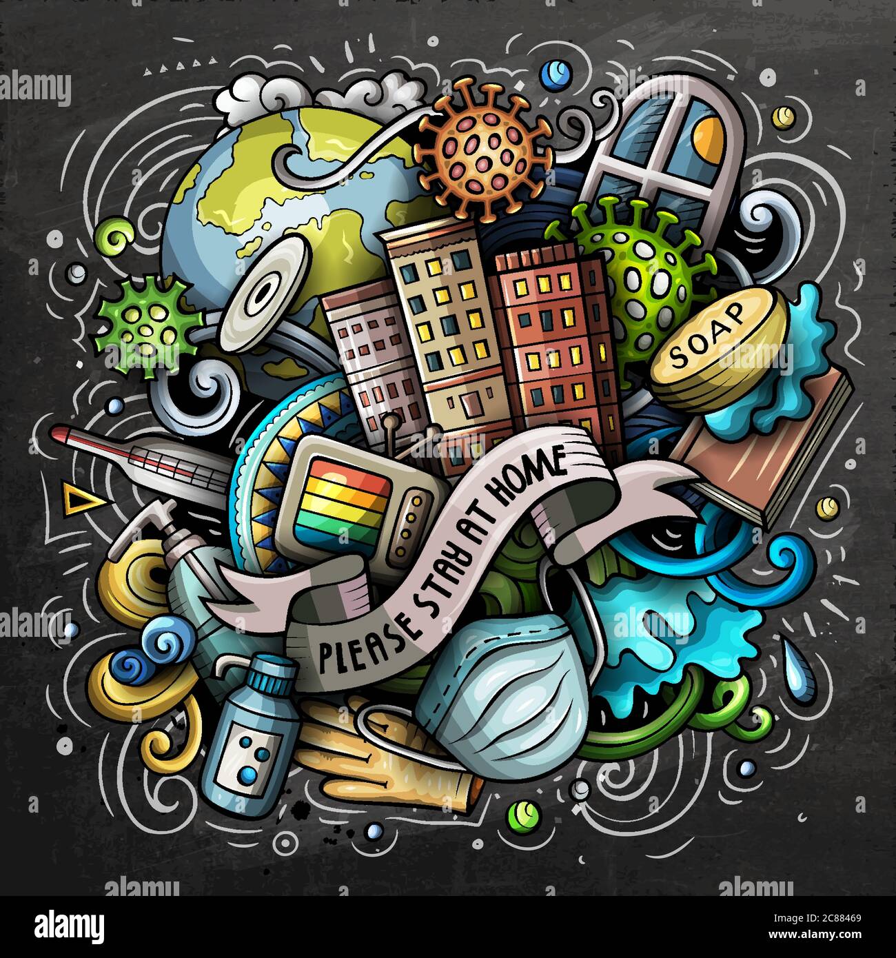 Cartoon vector doodles Please, Stay at Home illustration Stock Vector ...