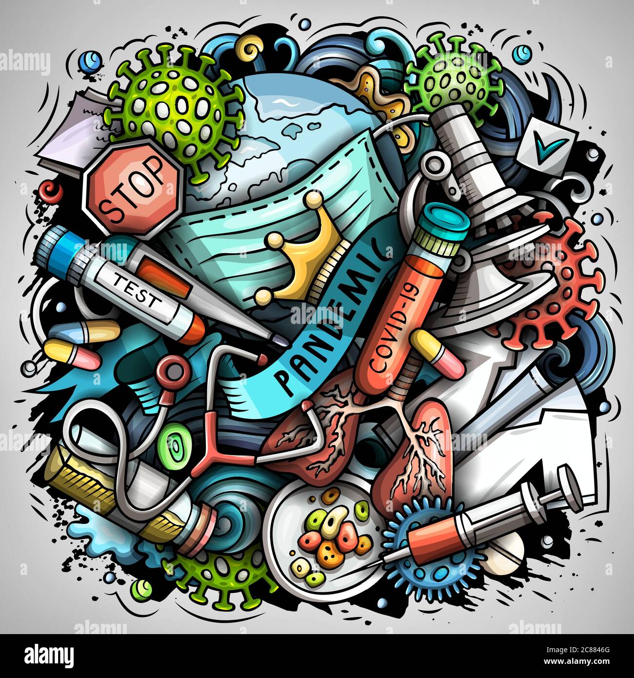 Cartoon vector doodles Pandemic illustration. Bright colors epidemic ...