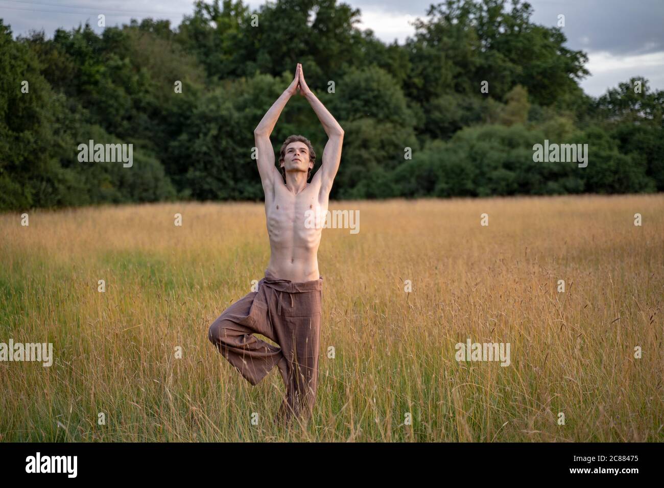 Shirtless man with arms raised practicing tree pose while standing on ...
