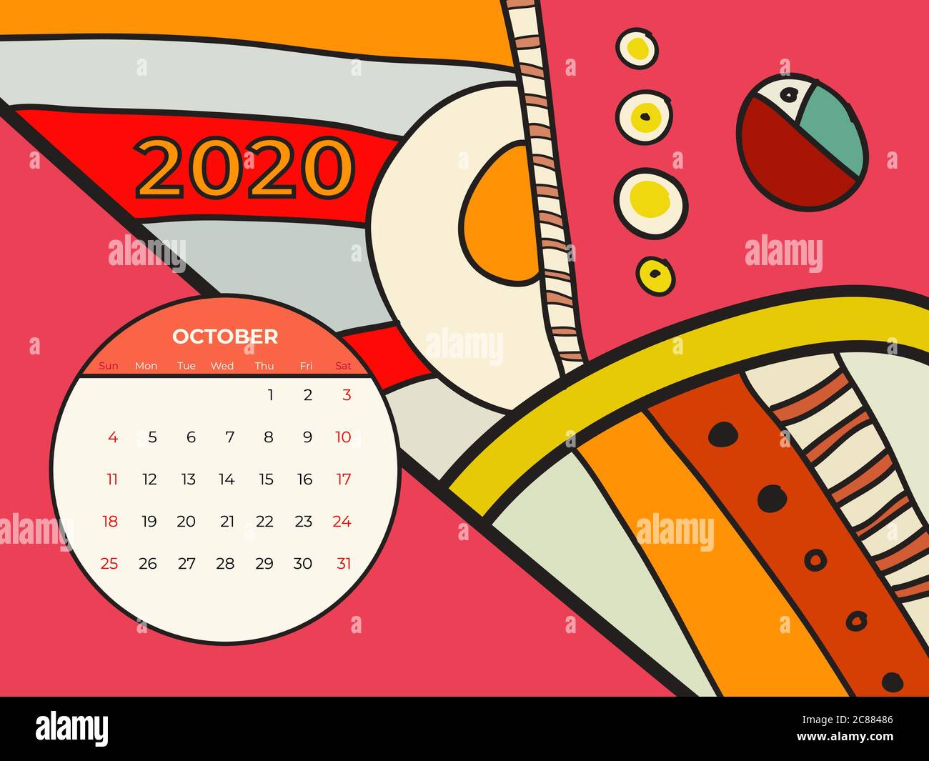 2020 October calendar abstract contemporary art vector. Desk, screen ...