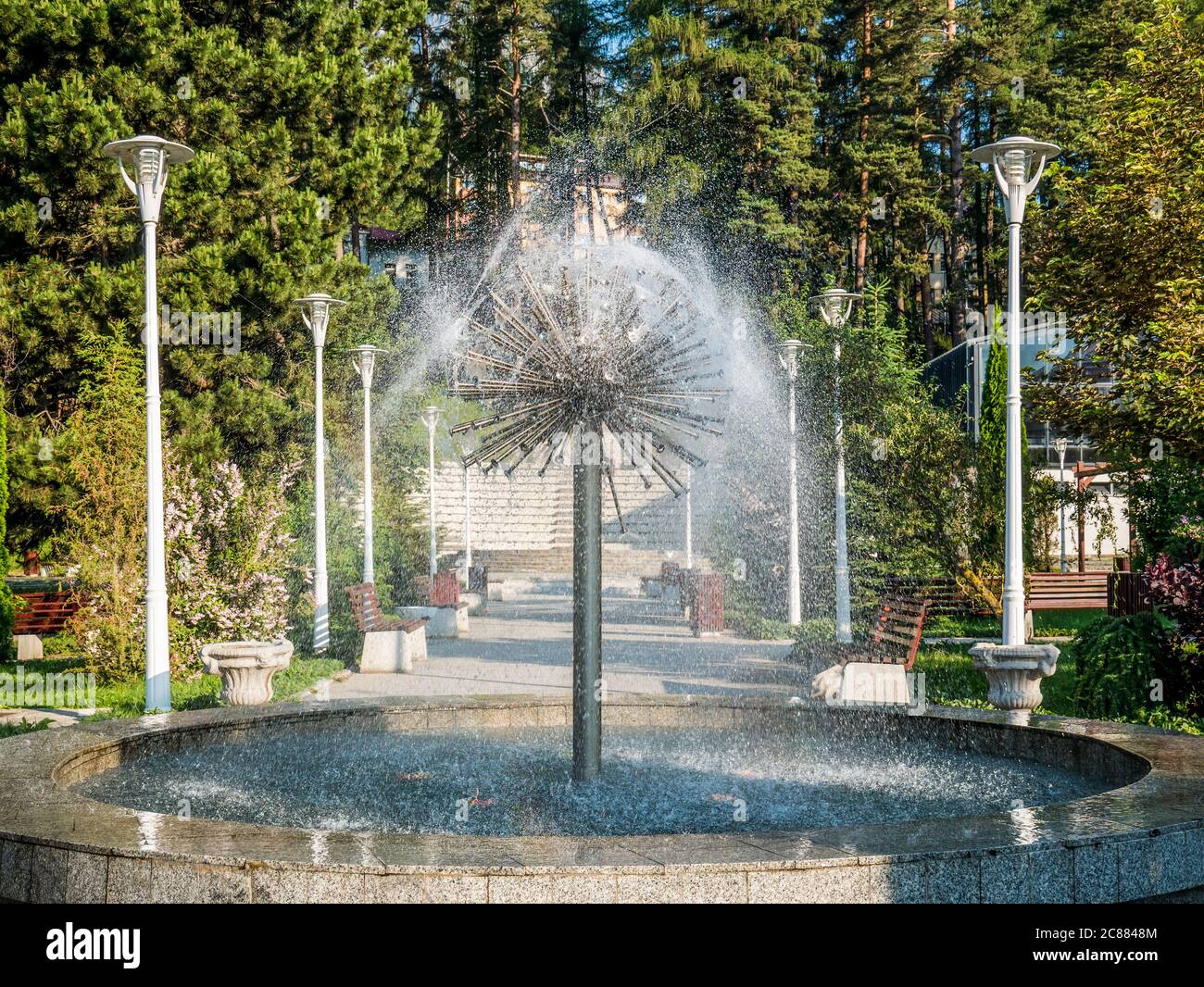 Interesting water fountain design in a park in Busteni, Romania Stock ...