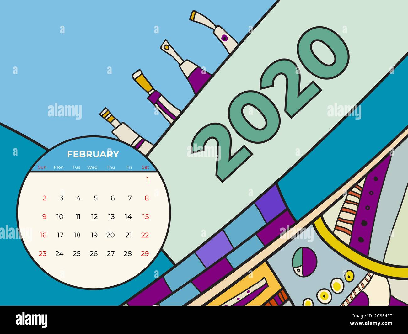 2020 february calendar abstract contemporary art vector. Desk, screen ...