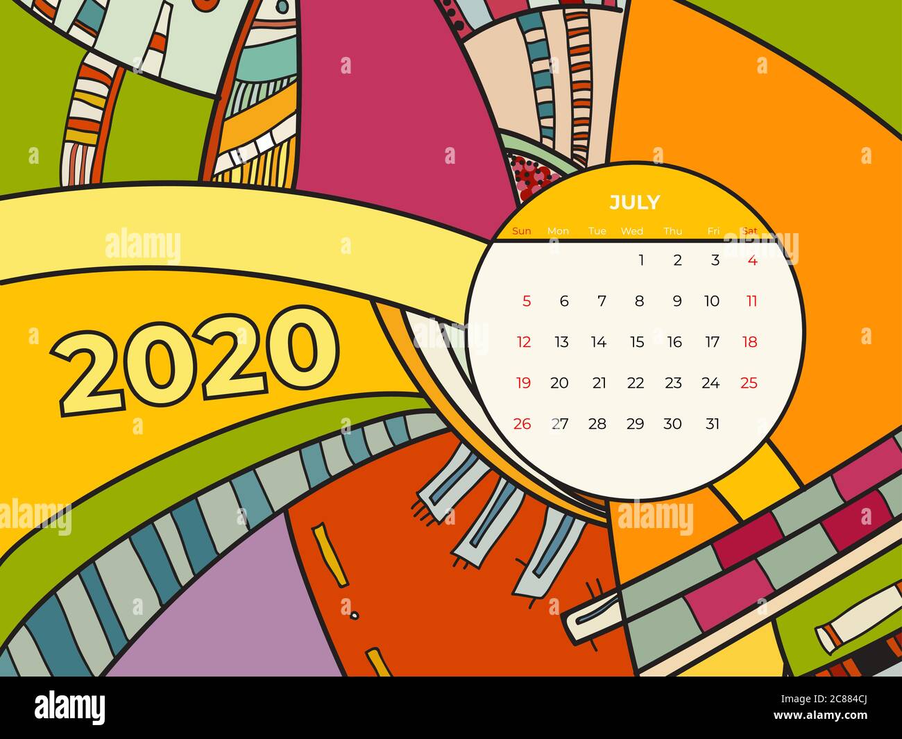 2020 July calendar abstract contemporary art vector. Desk, screen ...
