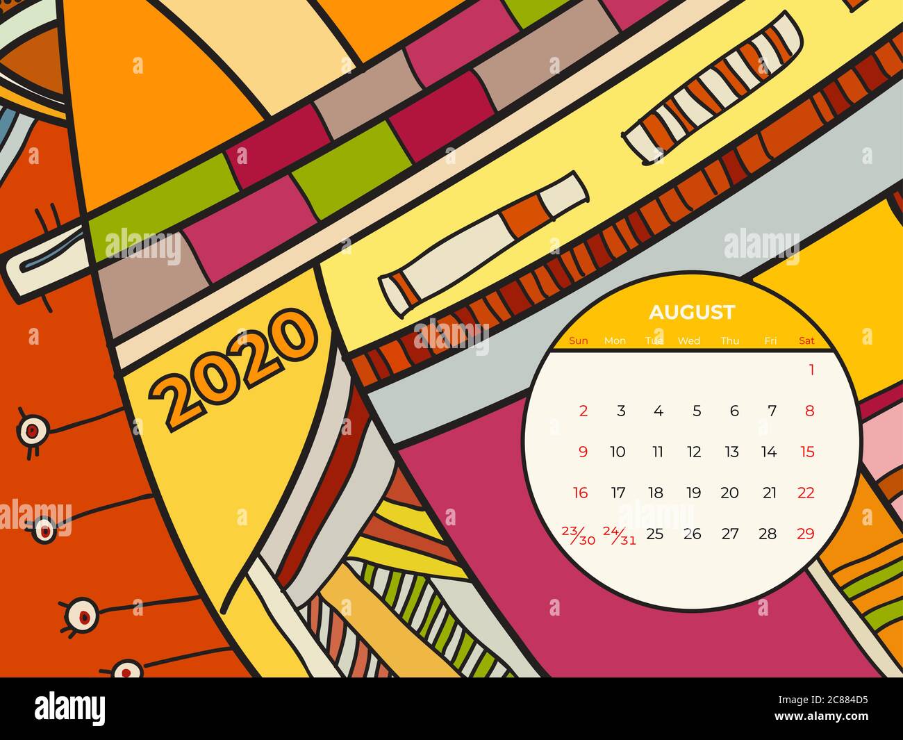 2020 August calendar abstract contemporary art vector. Desk, screen ...