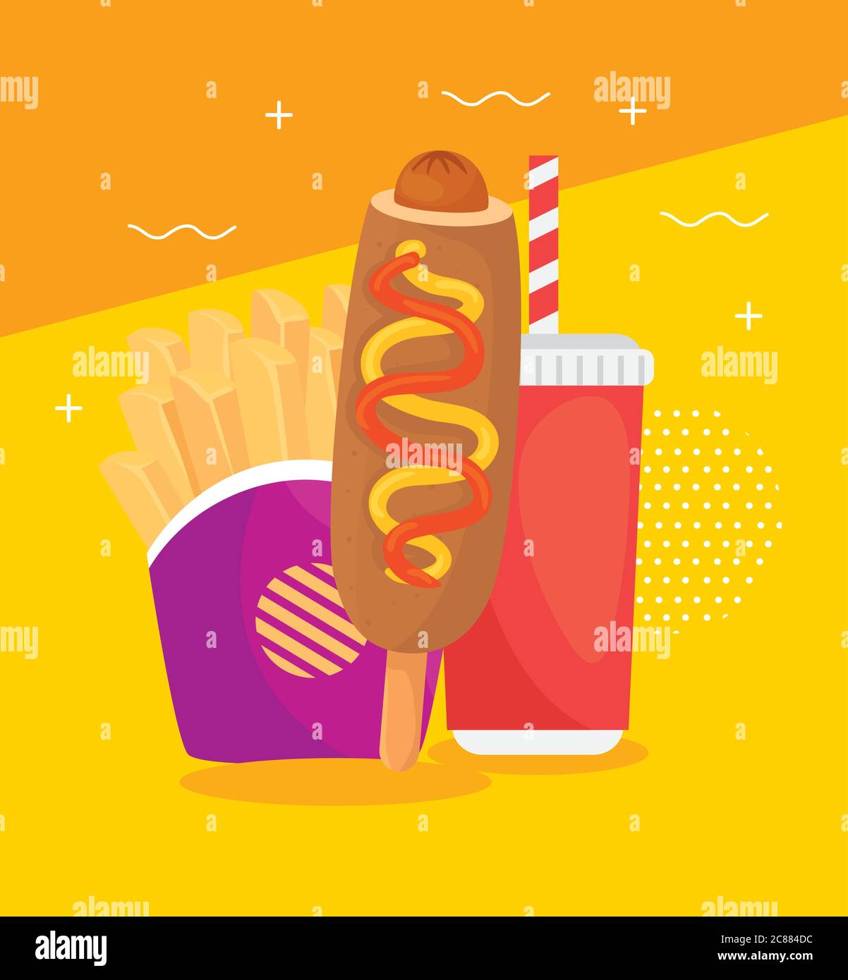 fast food, lunch or meal, corn dog with french fries and bottle ...