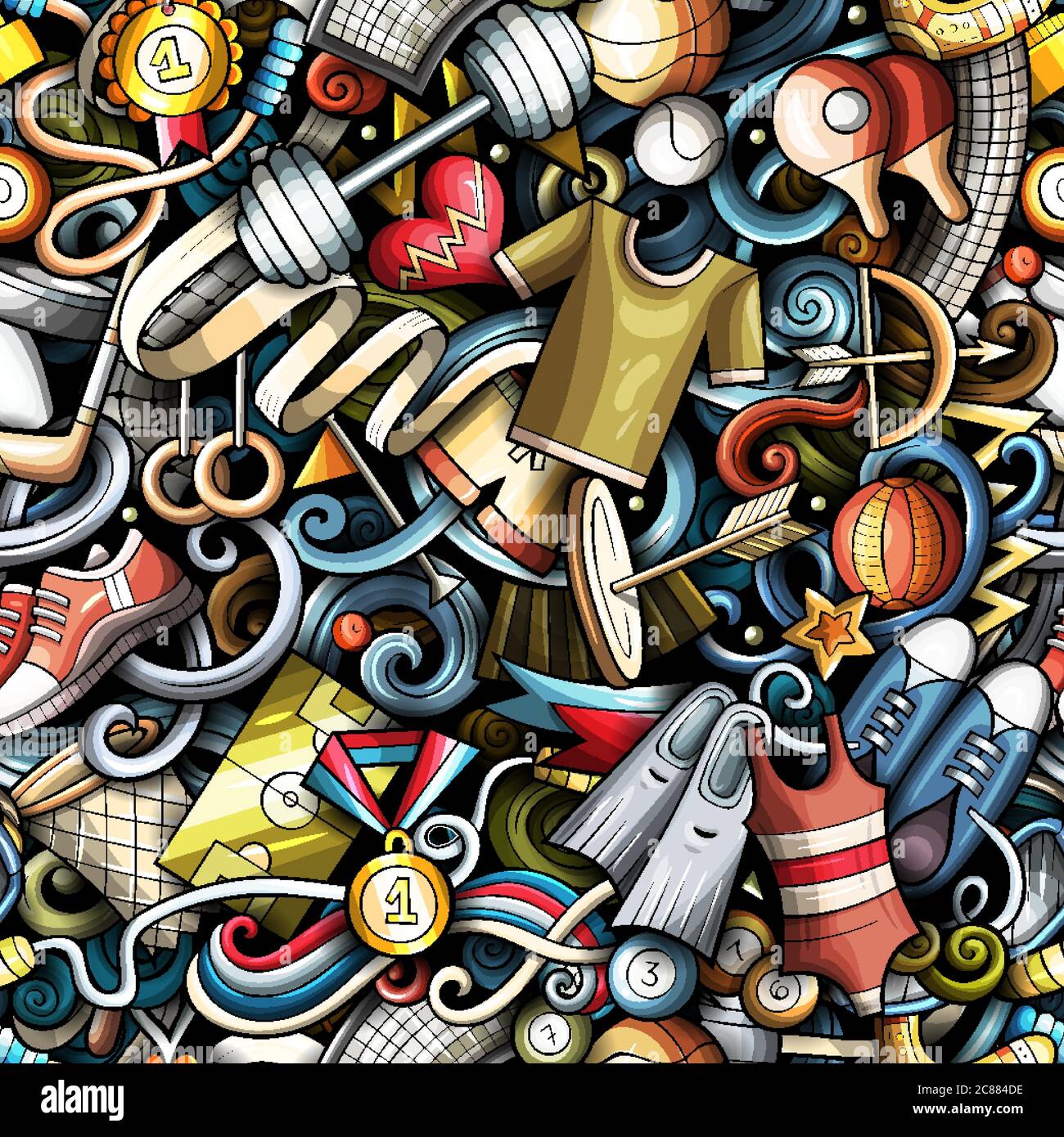 Sports hand drawn doodles seamless pattern. Colorful vector background ...