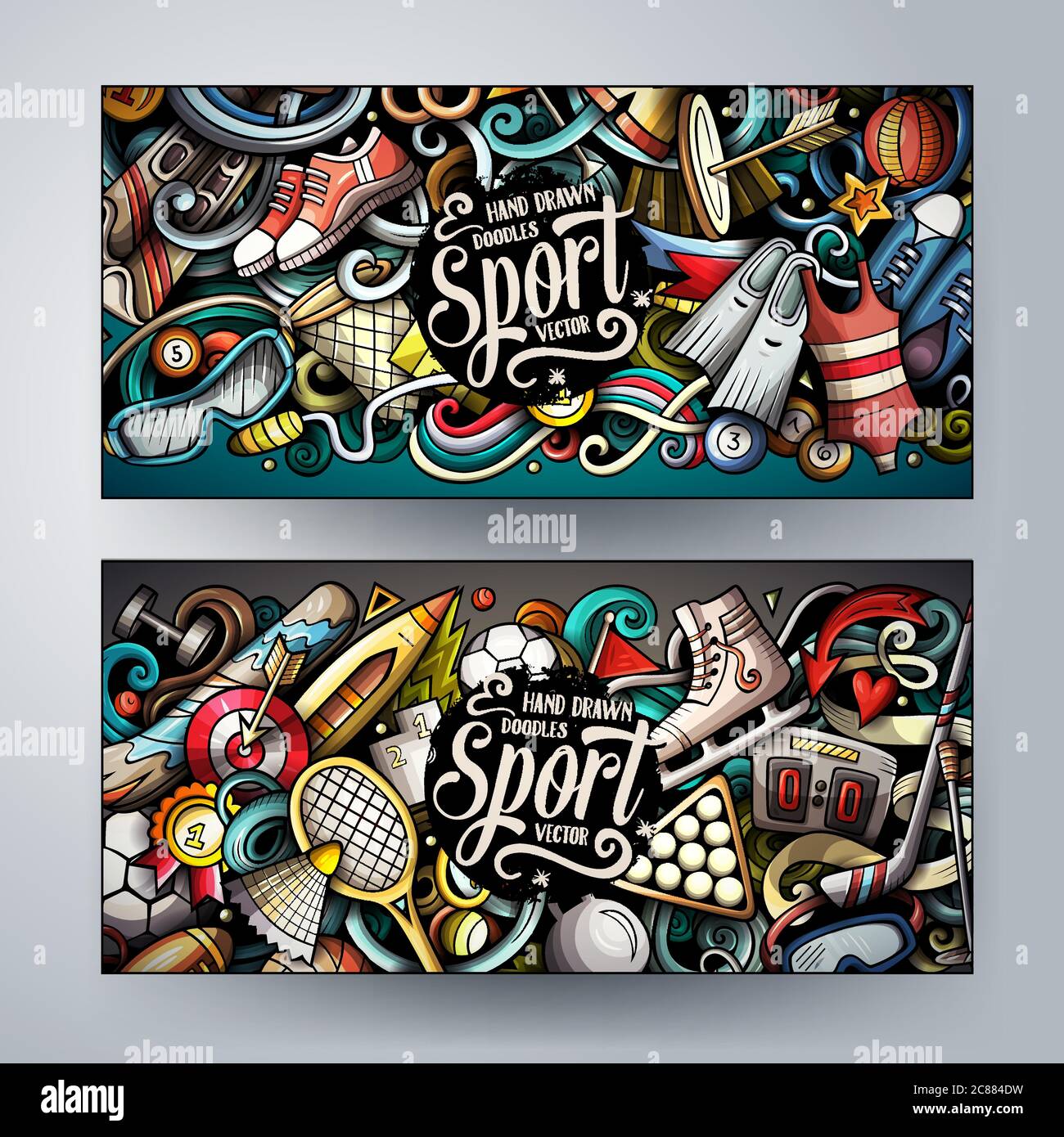Sports hand drawn doodle banners set. Cartoon detailed flyers Stock ...