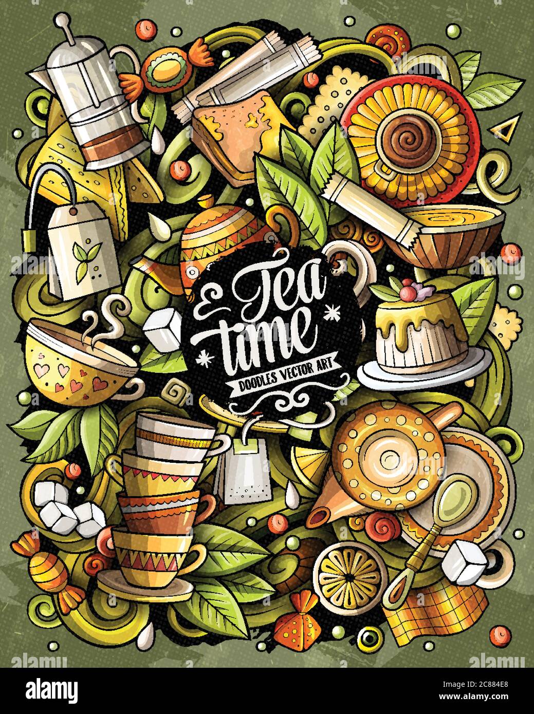 Cartoon vector doodles Tea time illustration. Bright colors Cafe funny ...