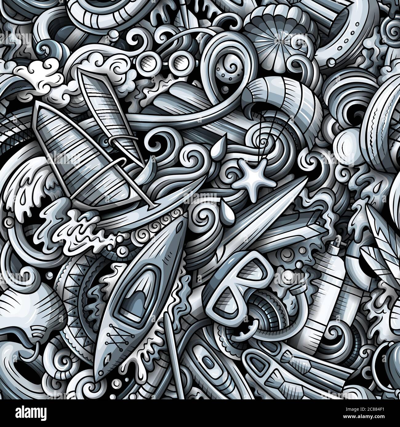 Cartoon cute doodles hand drawn water extreme sports seamless pattern ...