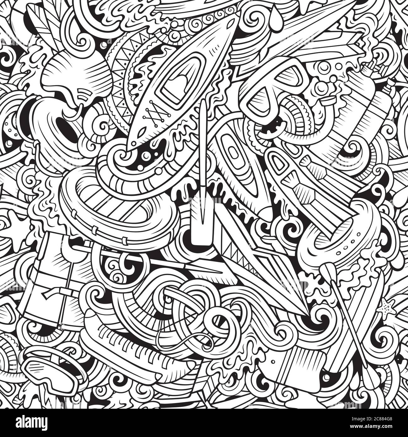 Cartoon cute doodles hand drawn water extreme sports seamless pattern ...