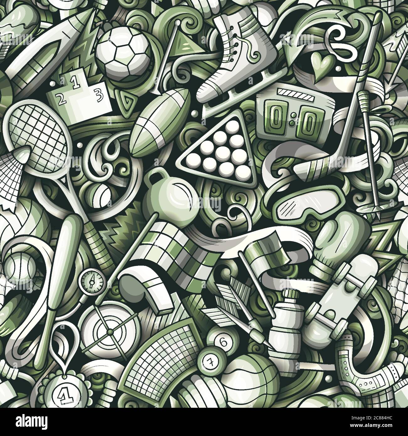 Sports hand drawn doodles seamless pattern. Monochrome vector ...