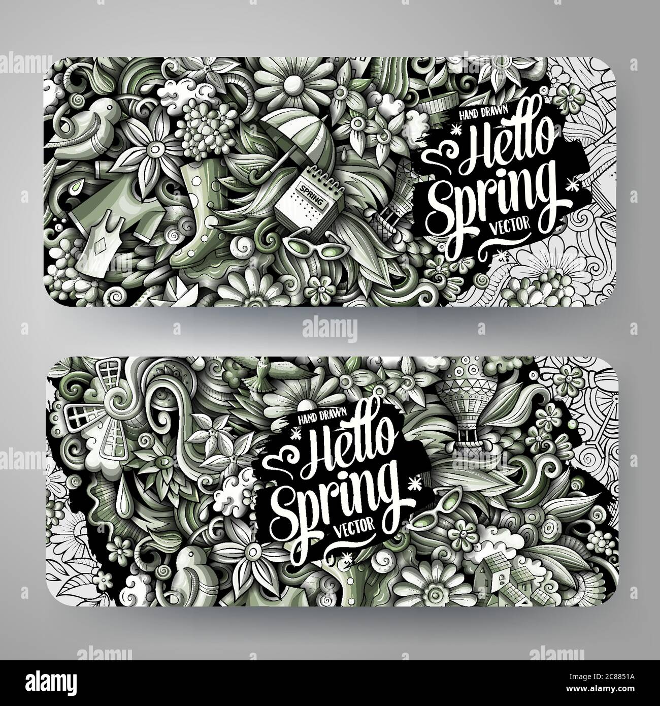 Cartoon cute colorful vector hand drawn doodles Spring season banners ...