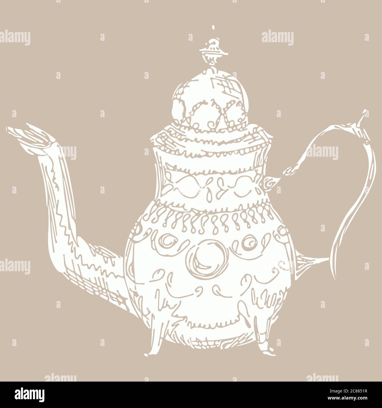 Hand drawn tea kettle illustration in engraving style for menu or cafe ...