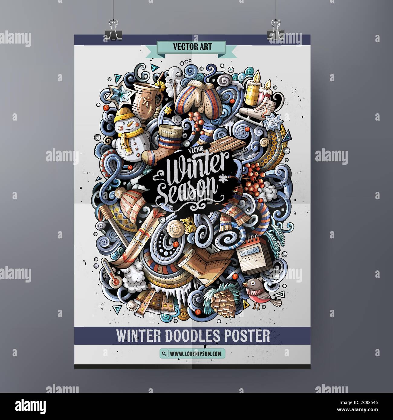 Cartoon colorful hand drawn doodles Winter poster template Stock Vector ...