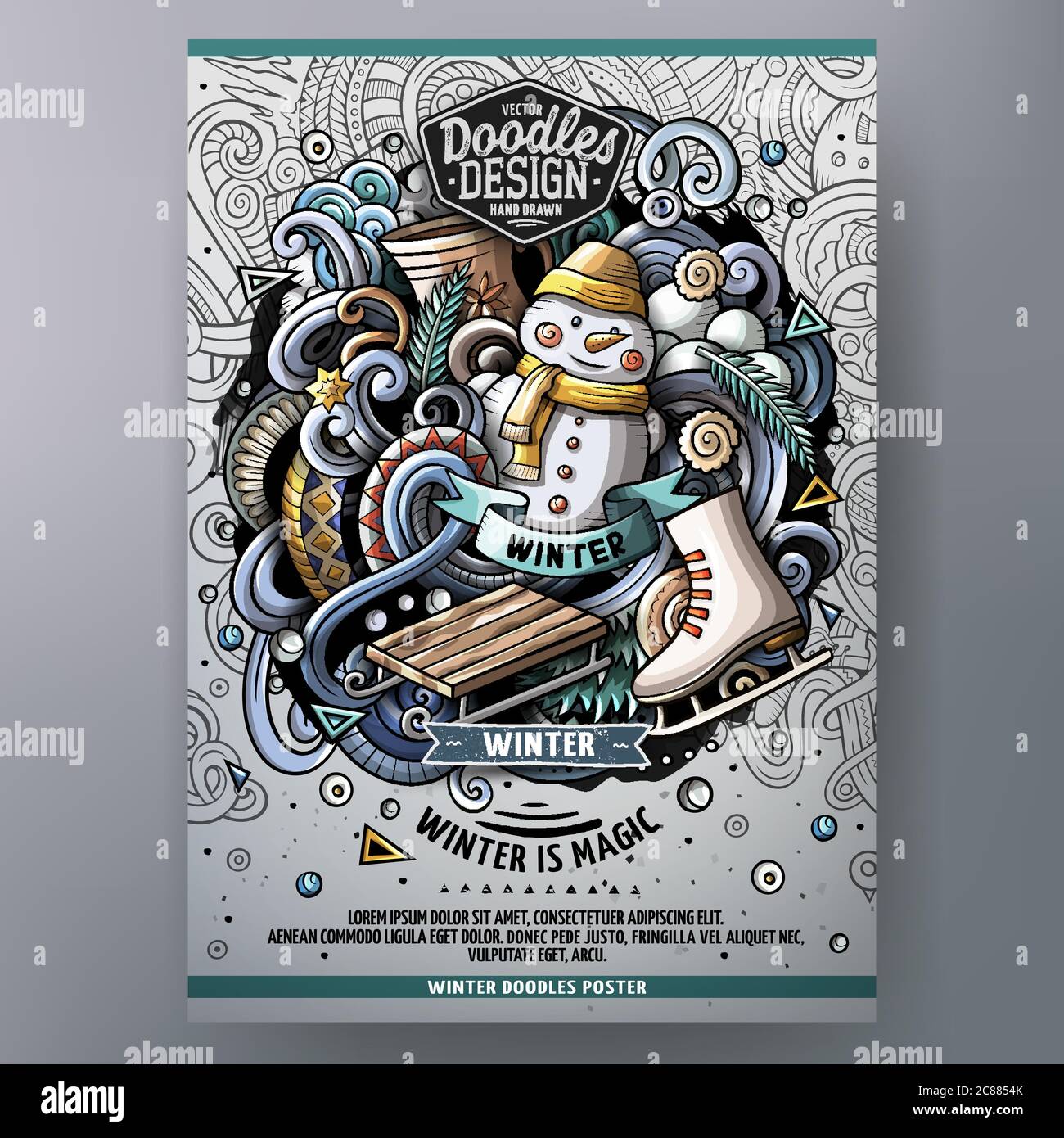 Cartoon hand drawn doodles Winter poster design template Stock Vector ...