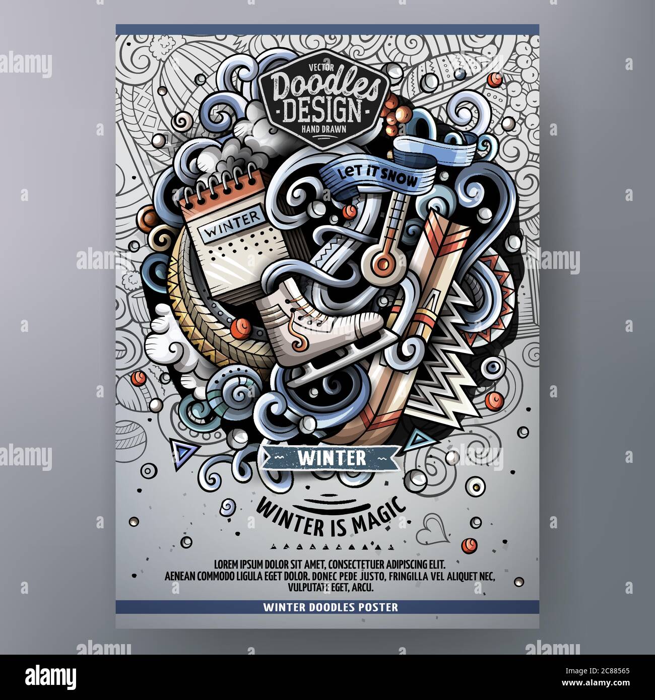 Cartoon hand drawn doodles Winter poster design template Stock Vector ...