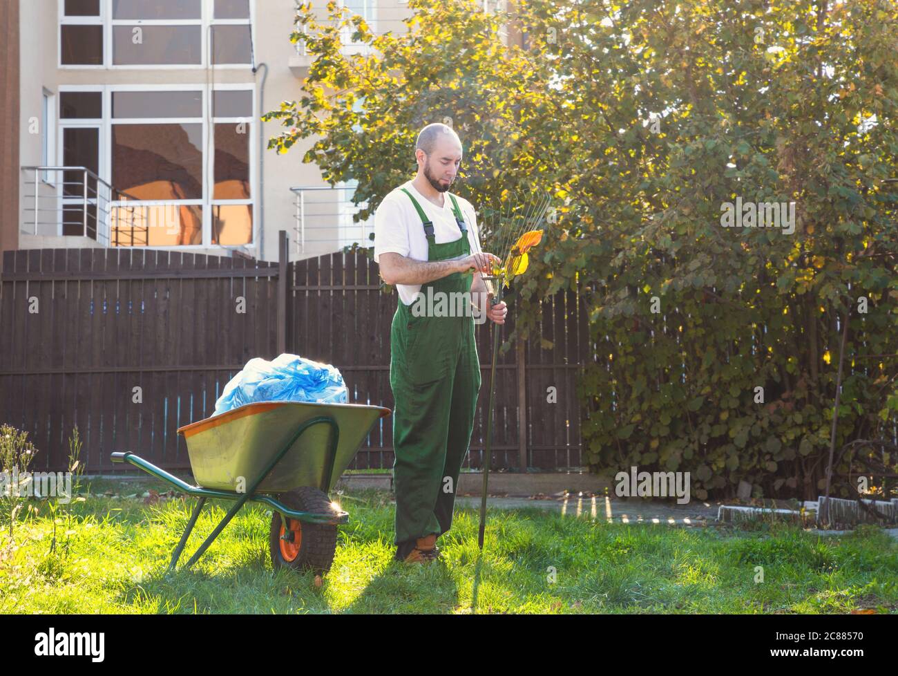Tired gardener in green uniform cleans the rake from the leaves. Gardening and yard cleaning ...