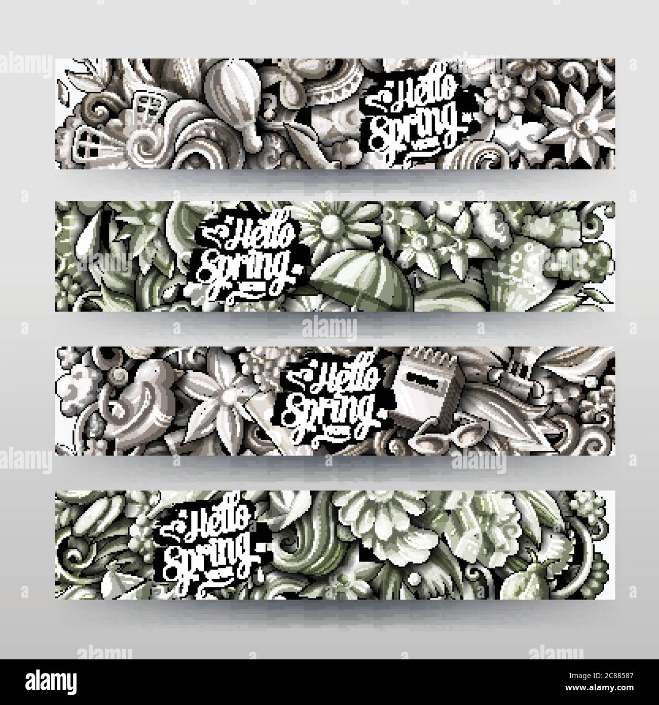 Cartoon cute colorful vector hand drawn doodles Spring season banners ...