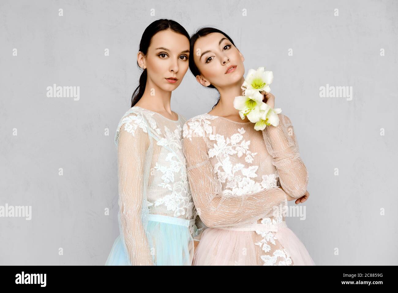 Two beautiful girls in transparent tulle dresses with lace posing in ...