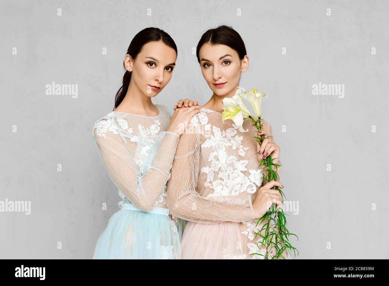 Two beautiful girls in transparent tulle dresses with lace posing in ...