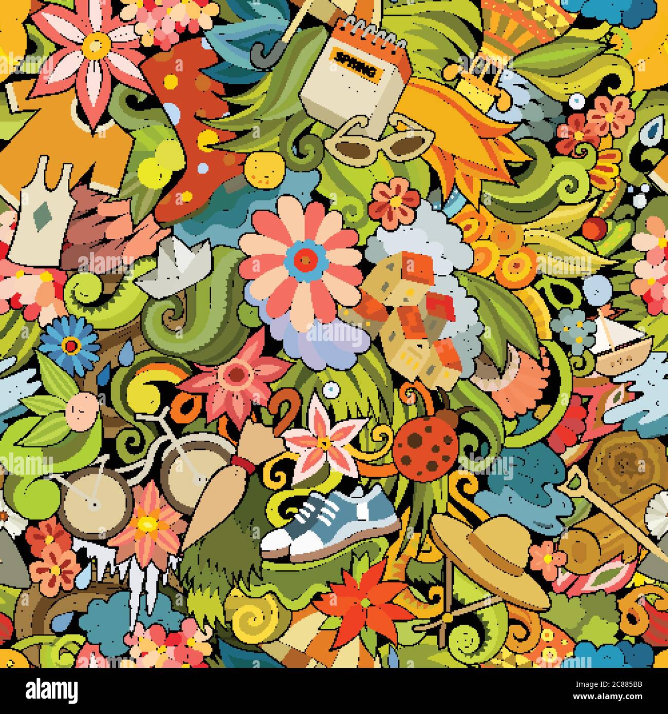 Cartoon cute doodles hand drawn Spring seamless pattern Stock Vector ...
