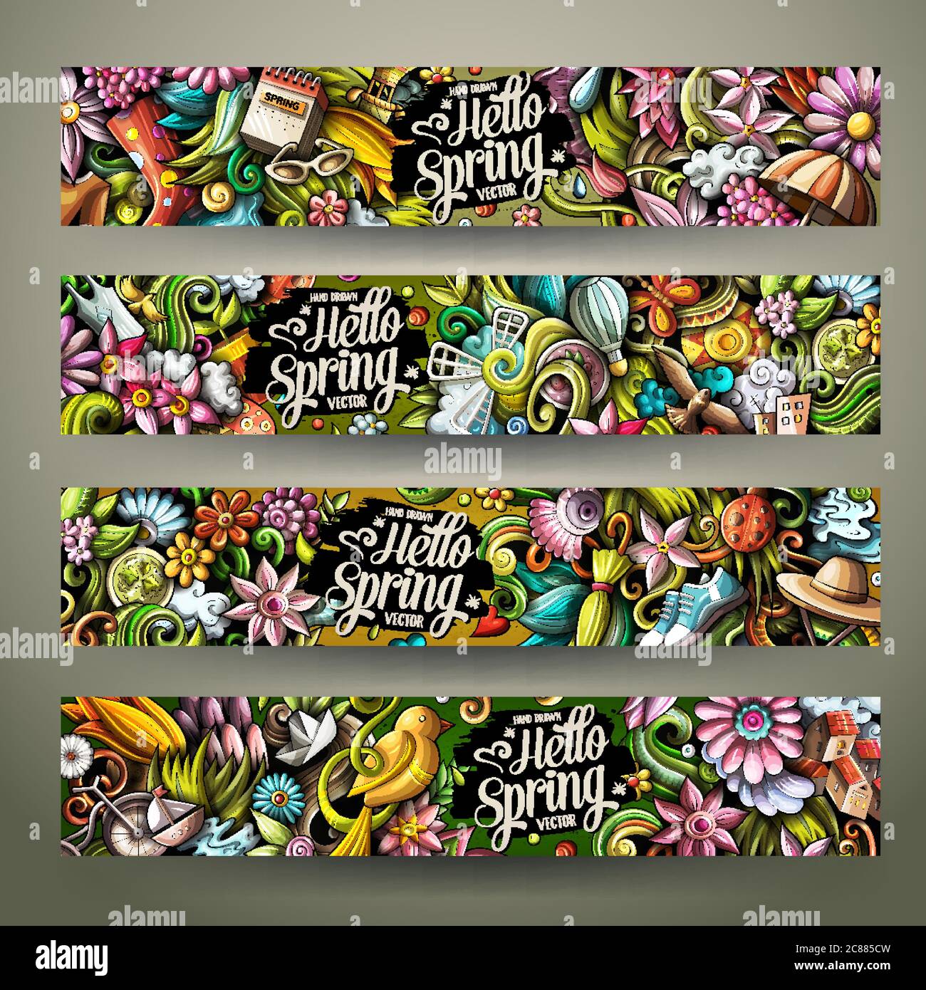 Cartoon cute colorful vector hand drawn doodles Spring season banners ...