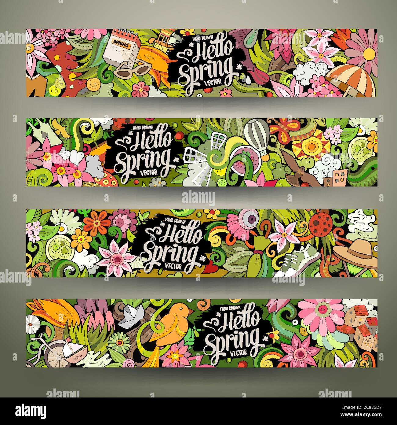 Cartoon cute colorful vector hand drawn doodles Spring season banners ...
