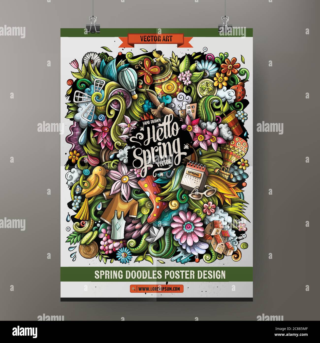 Cartoon colorful hand drawn doodles Spring poster Stock Vector Image ...