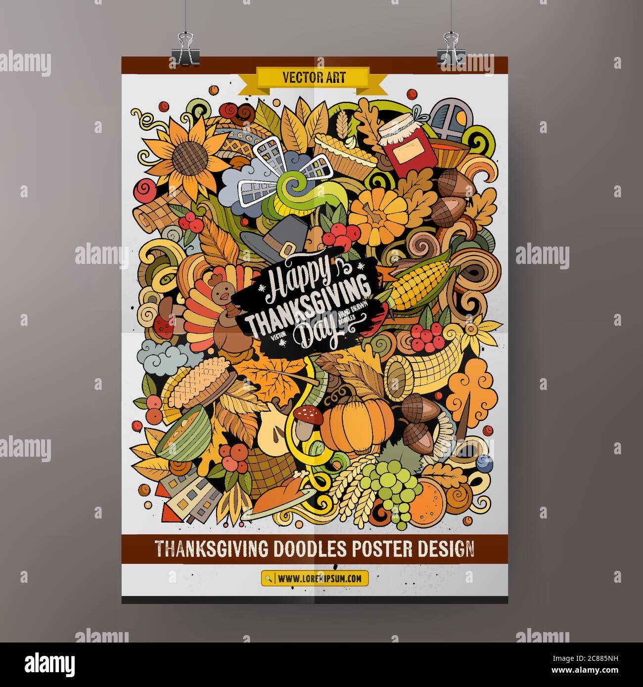 Cartoon colorful hand drawn doodles Happy Thanksgiving poster template ...