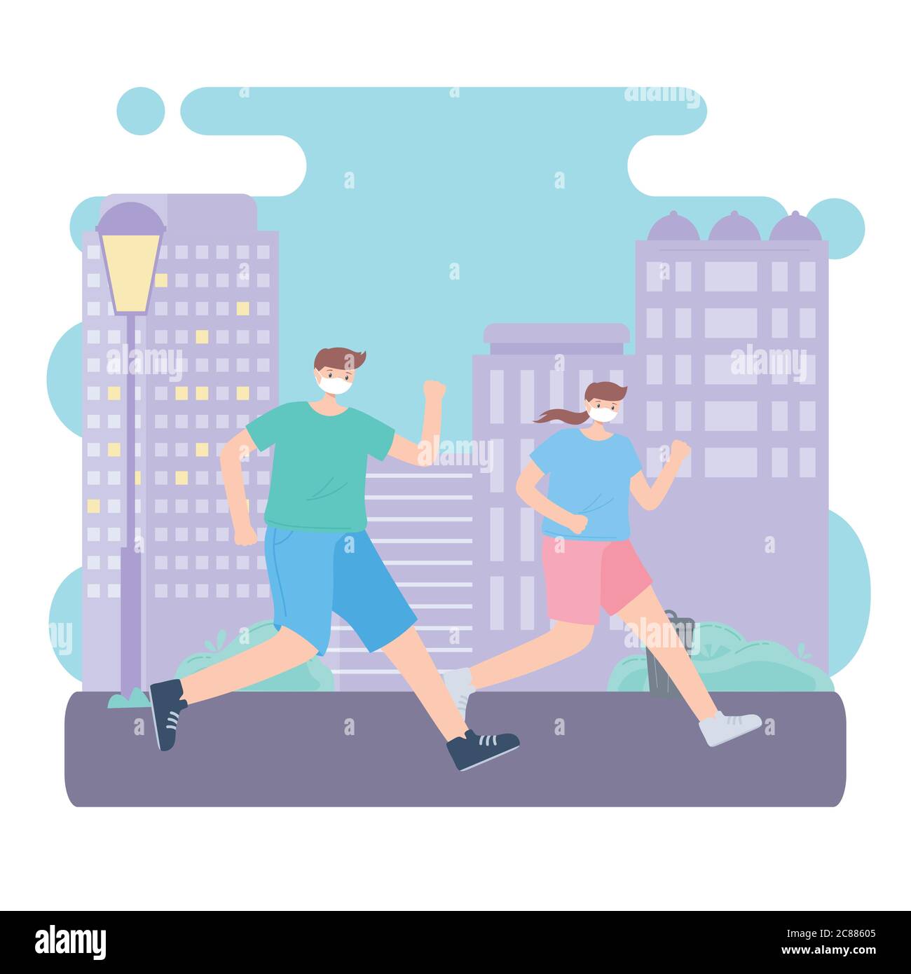 people with medical face mask, couple running in the street, city ...