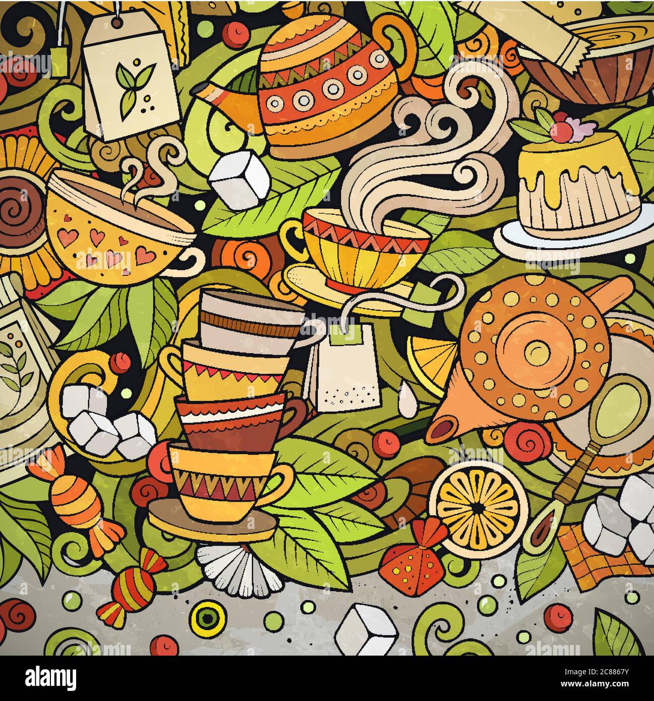 Cartoon vector doodles Tea time frame. Colorful, with lots of objects ...