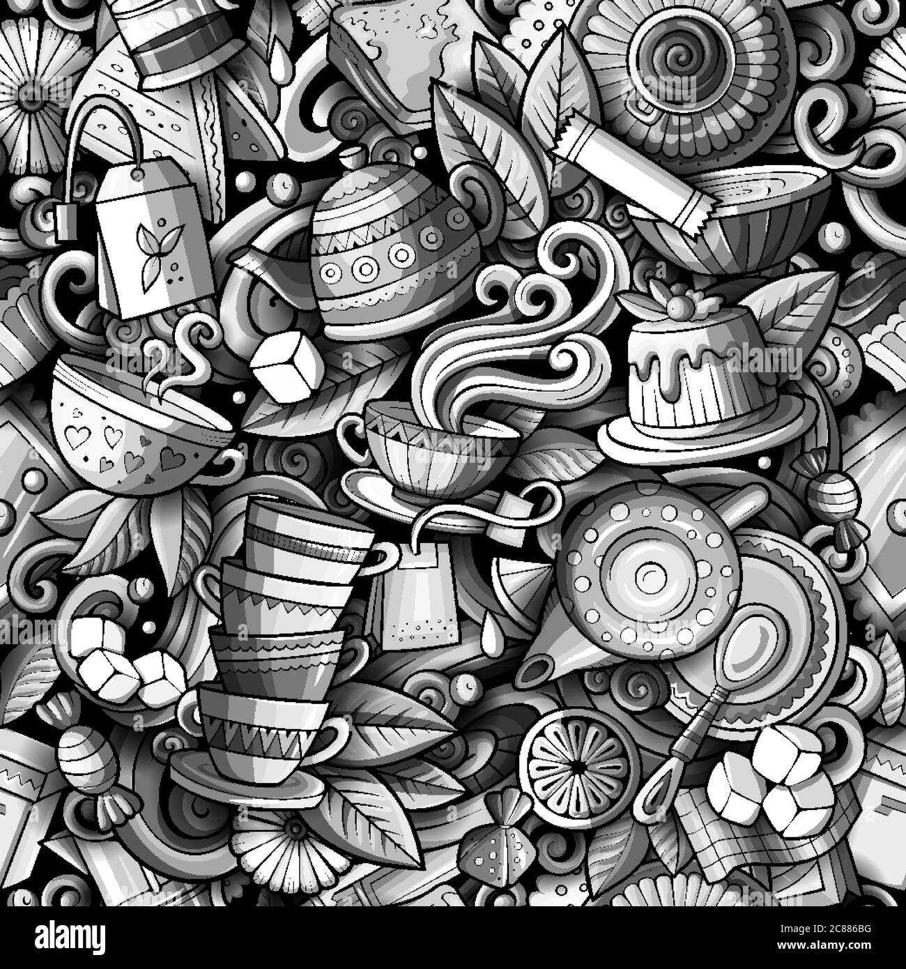 Cartoon cute doodles hand drawn Tea House seamless pattern Stock Vector ...