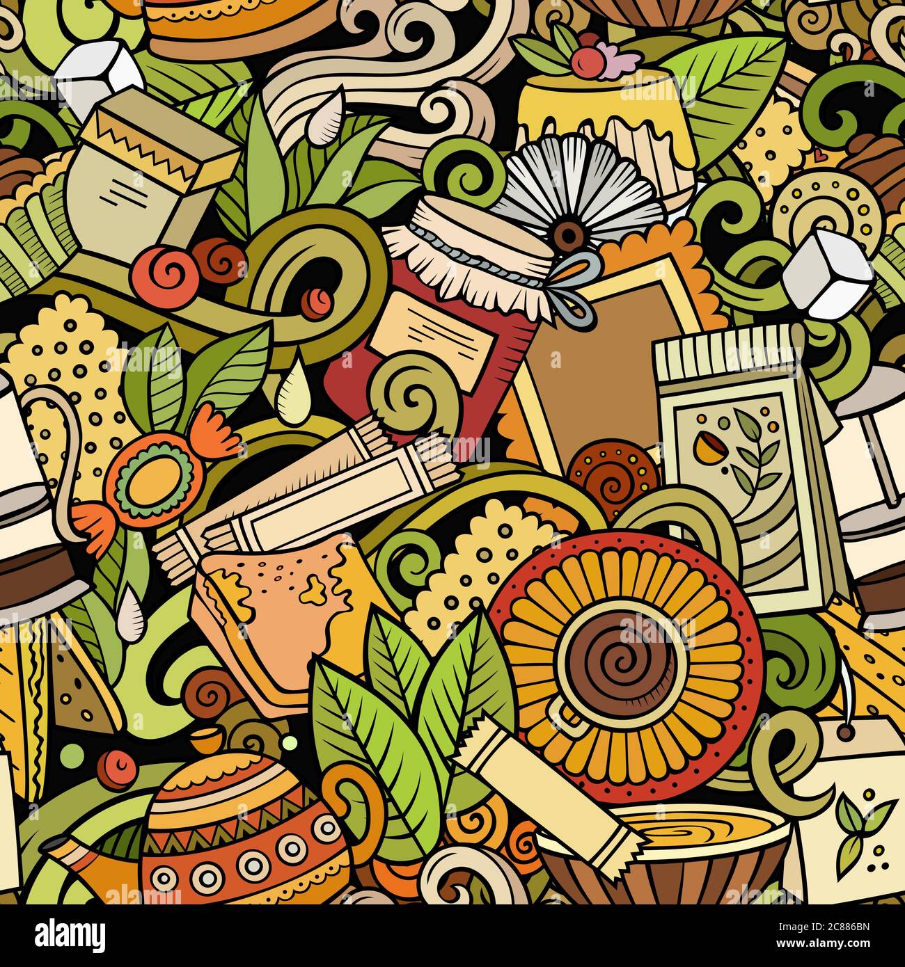 Cartoon cute doodles hand drawn Tea House seamless pattern Stock Vector ...