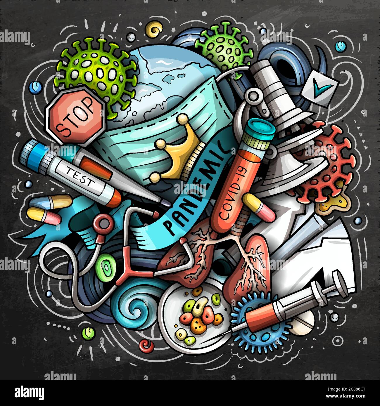 Cartoon vector doodles Pandemic illustration. Bright colors epidemic ...